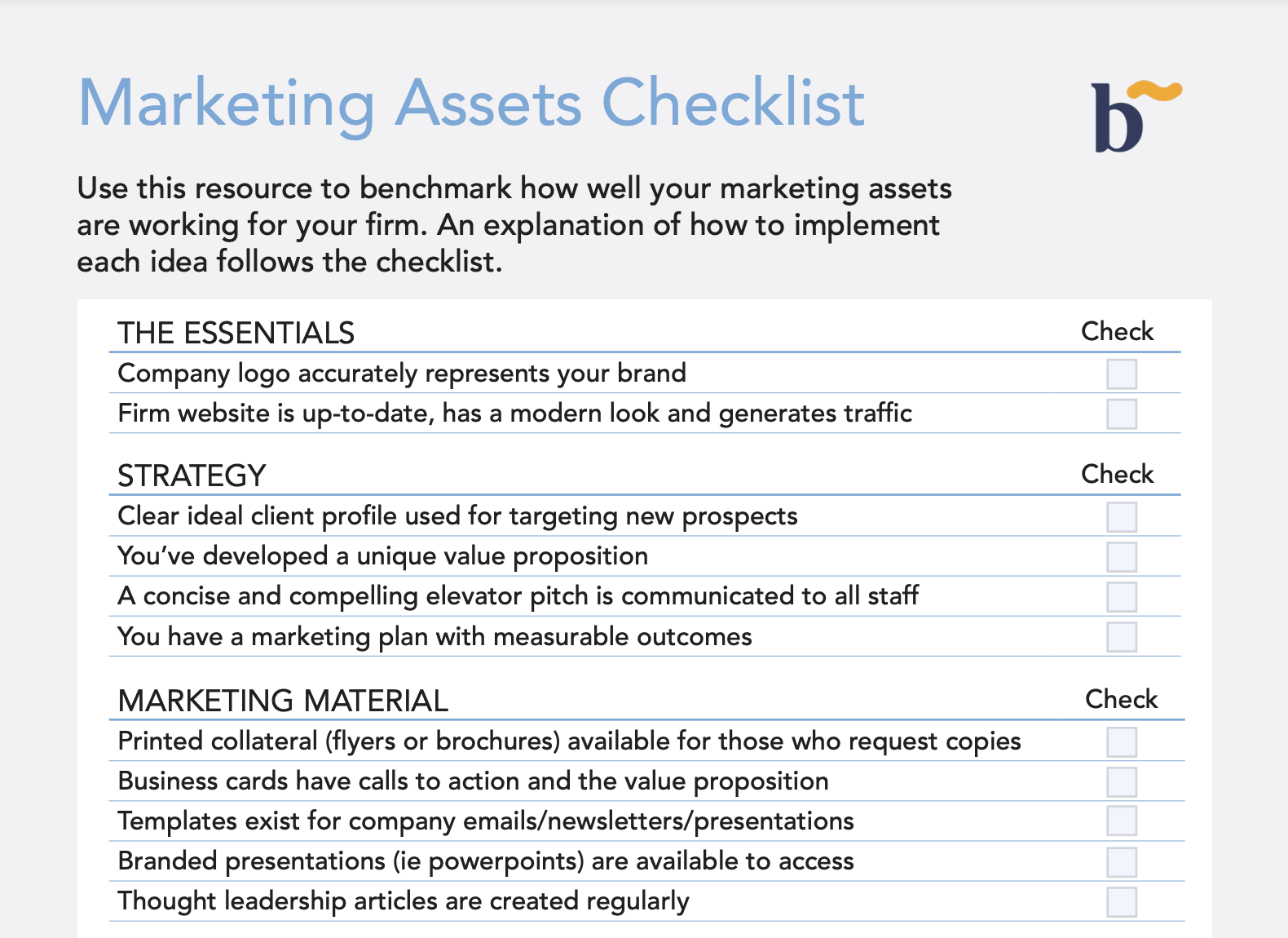 Marketing assets checklist - Bizink